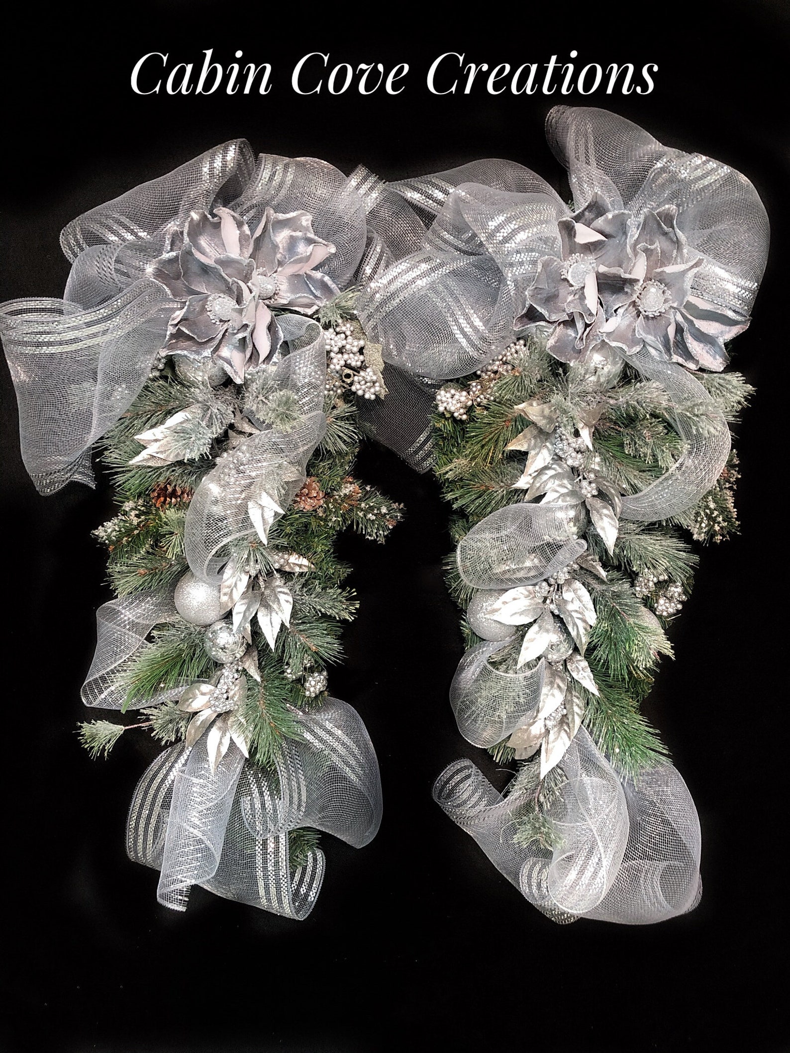 Grey and Silver Magnolia Mantel Swag OR 2 Double Door Teardrop Swags ...