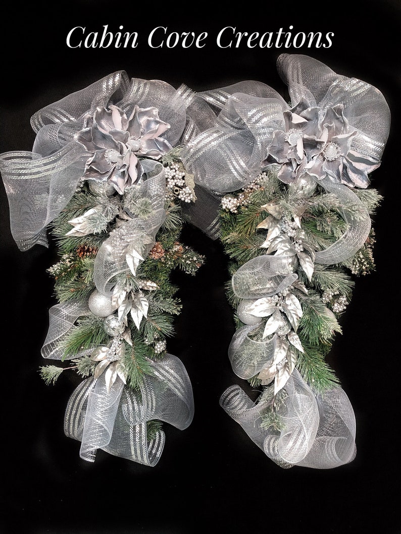 Grey and Silver Magnolia Mantel Swag OR 2 Double Door Teardrop Swags ...