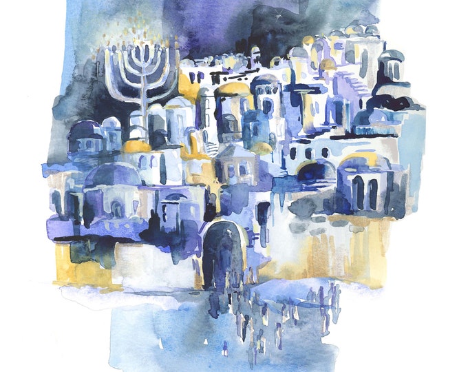 Blue Jerusalem, Watercolor Art Print, Jewish Art, Israel Painting ...