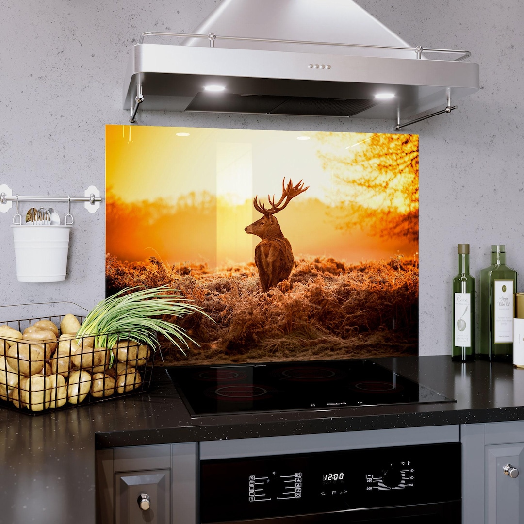Kitchen Splashback Deer Stag Horns Wild Animal Autumn Forrest Tempered ...