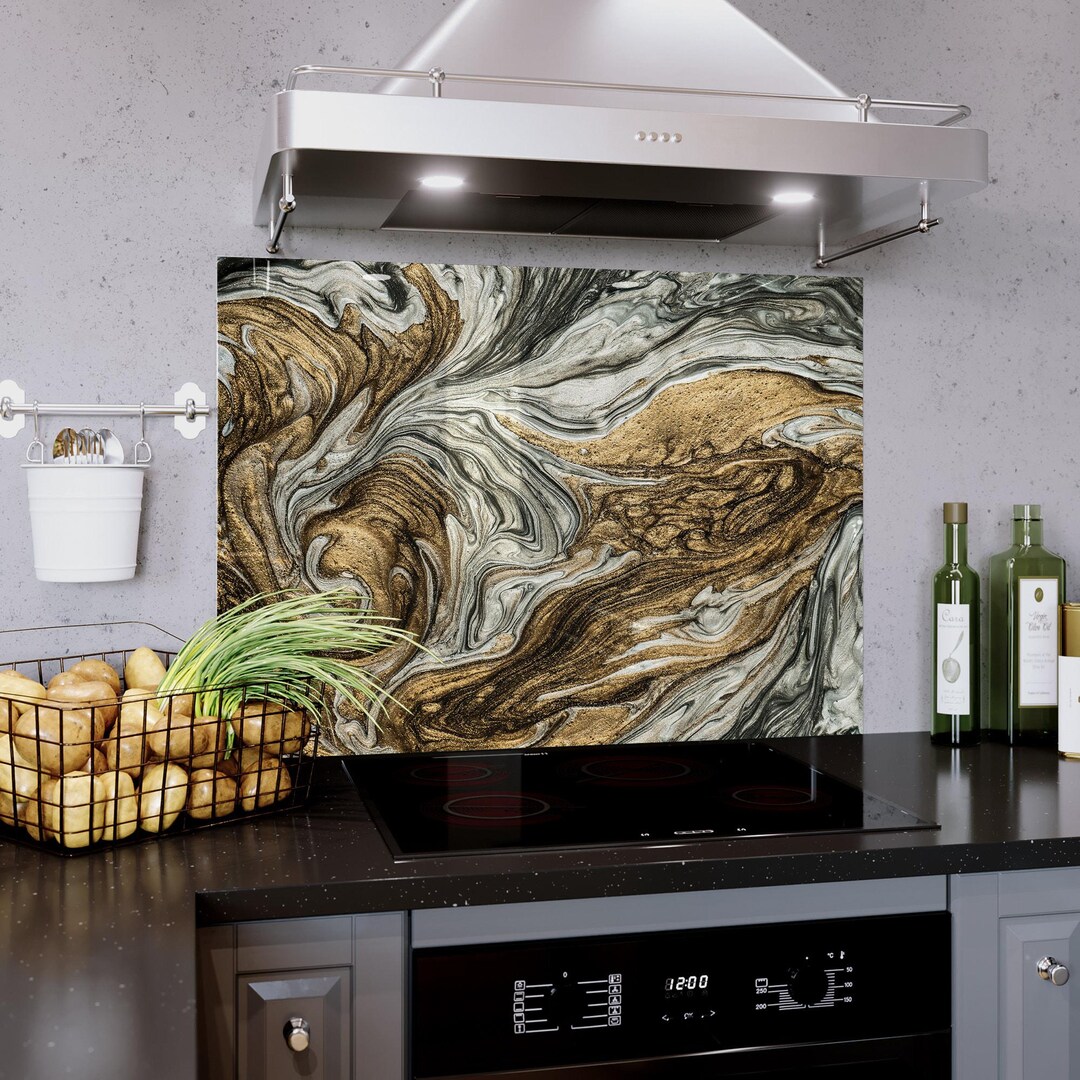 Kitchen Splashback Abstract Gray and Gold Marble Texture Shape Tempered ...