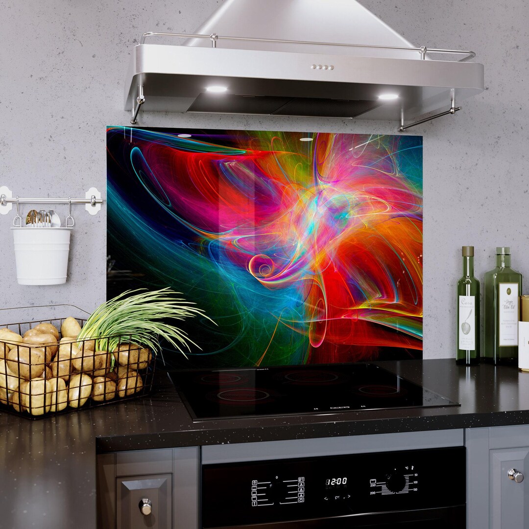 Kitchen Splashback Abstract Colorful Lines Pattern Tempered Glass ...