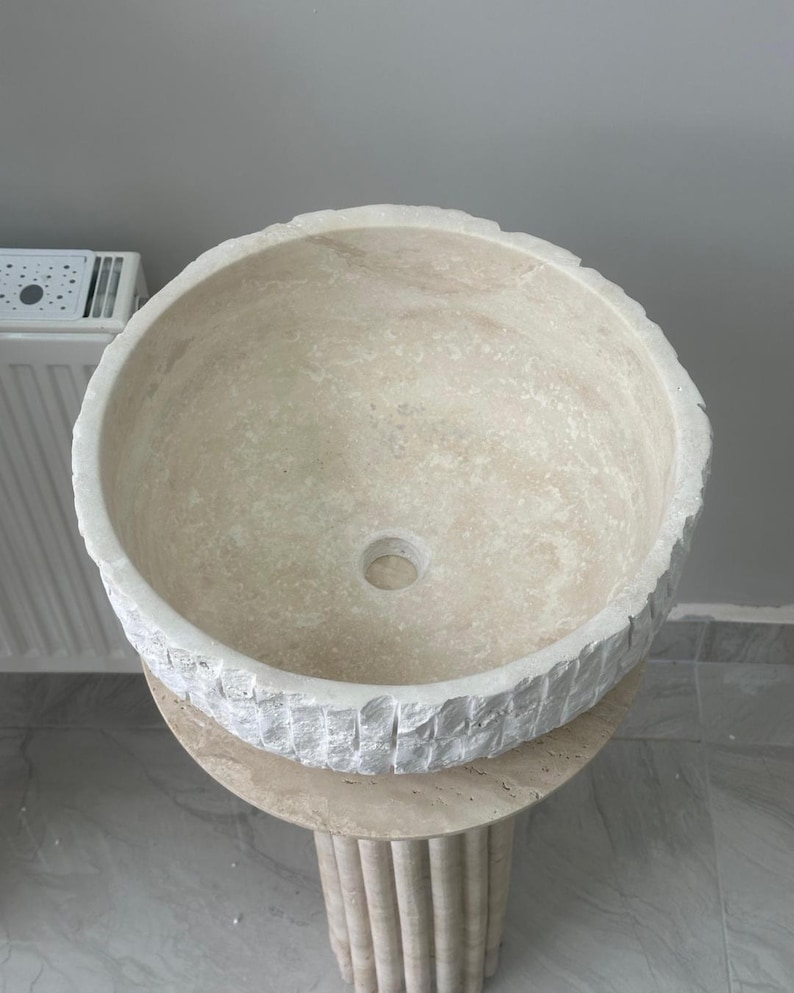 Travertine Marble Round Sink Handmade Luxury Bathroom Vanity Natural ...