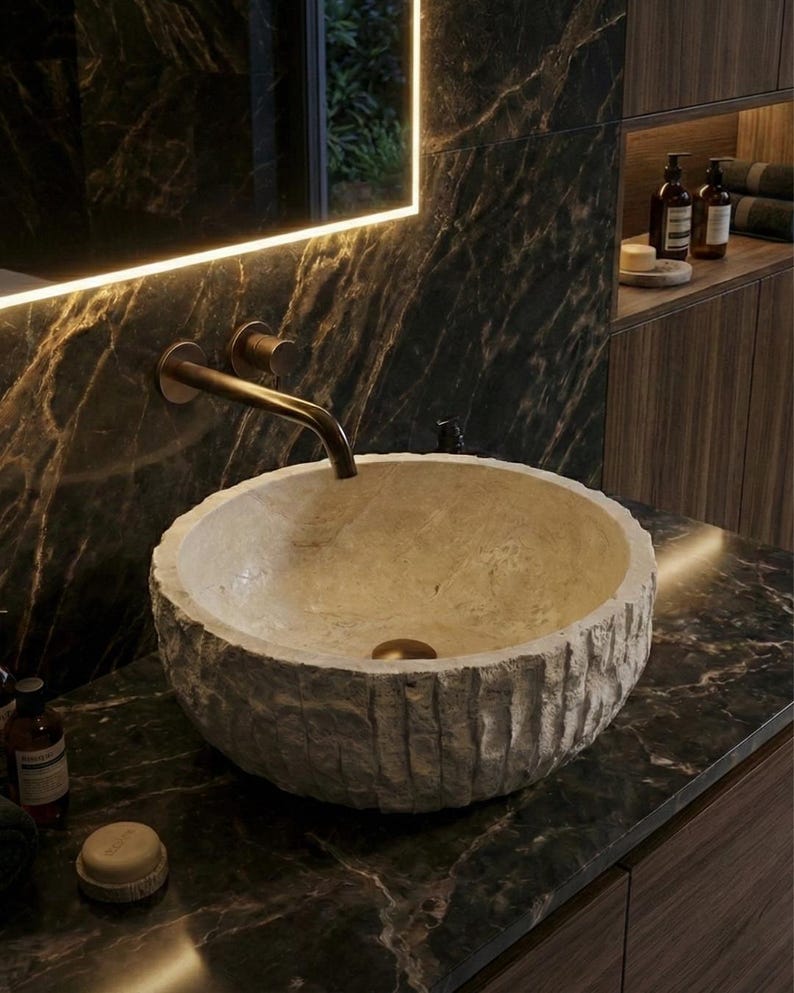 Travertine Marble Round Sink Handmade Luxury Bathroom Vanity Natural ...