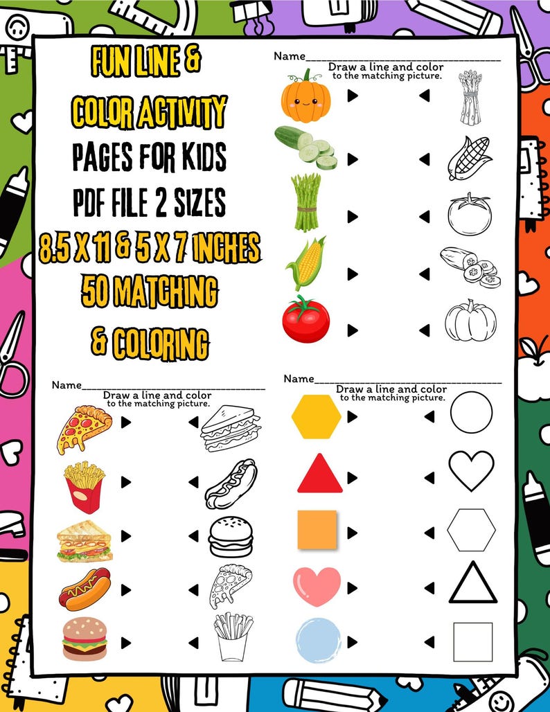 Preschool Matching Game: Draw & Color Activity Pages - Etsy