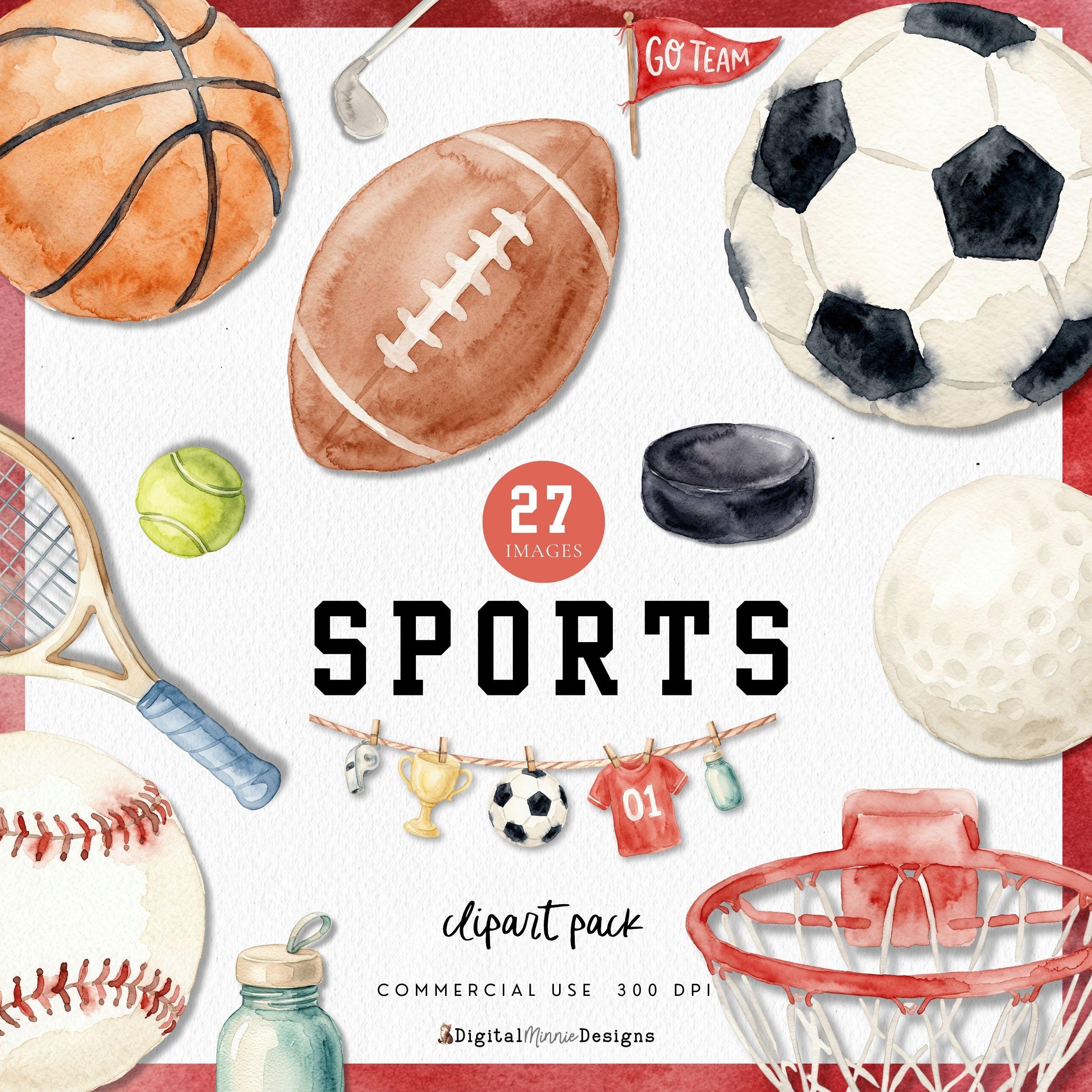 Watercolor Sports Clipart, Kids Sports Team Graphics, Basketball Soccer ...