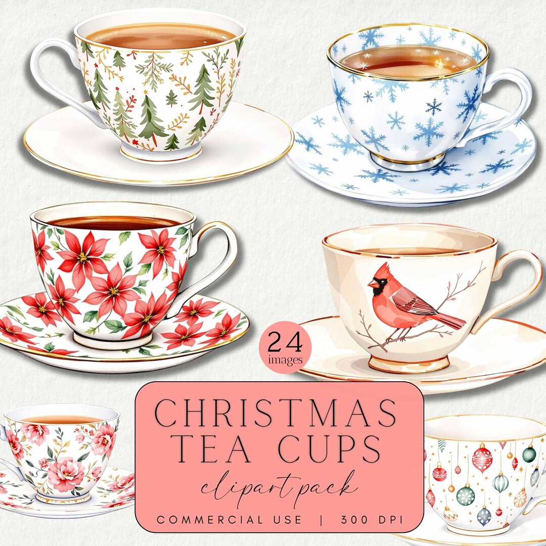 Christmas Tea Cup Clipart, Watercolor Christmas Mugs, Cute Holiday Tea ...