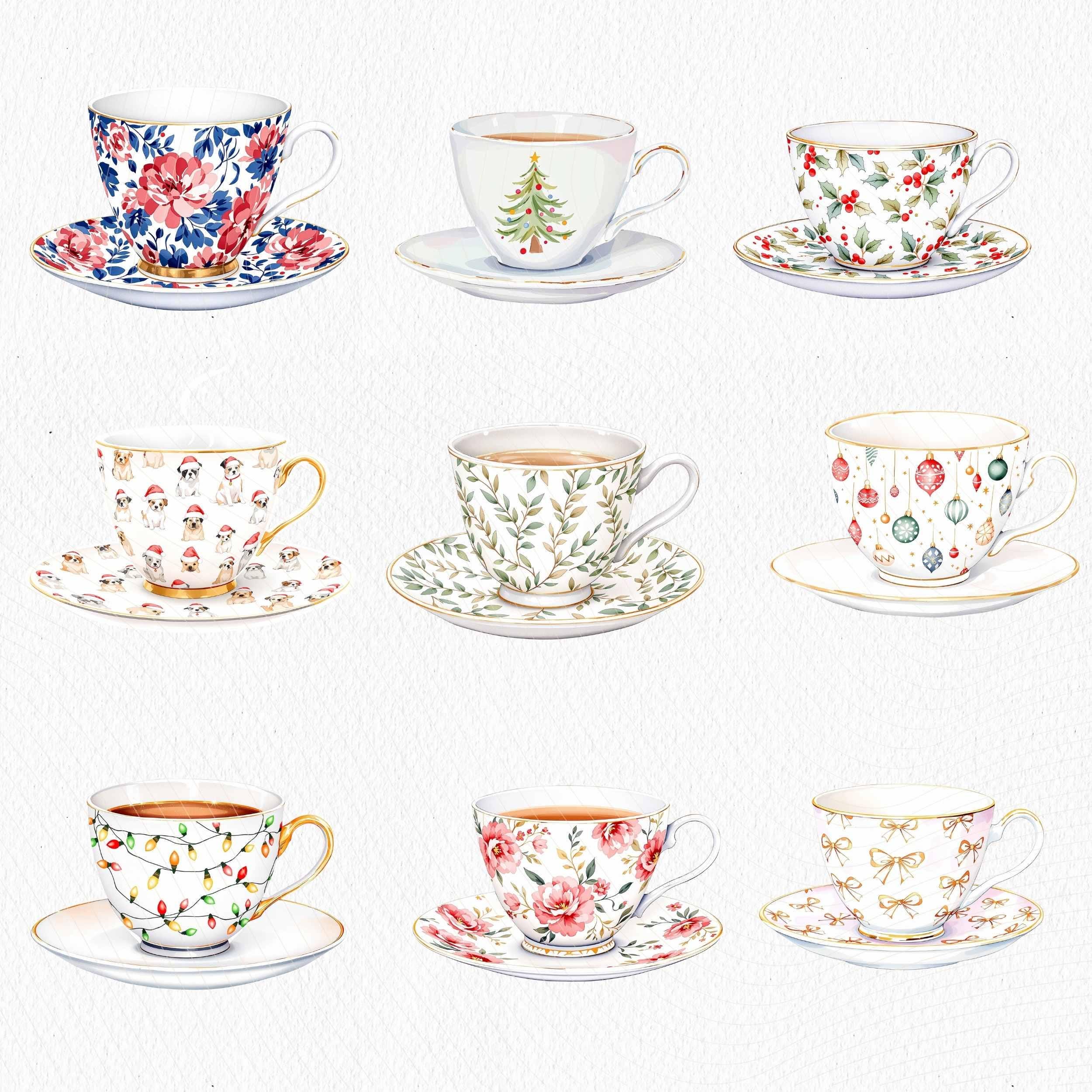 Christmas Tea Cup Clipart, Watercolor Christmas Mugs, Cute Holiday Tea ...