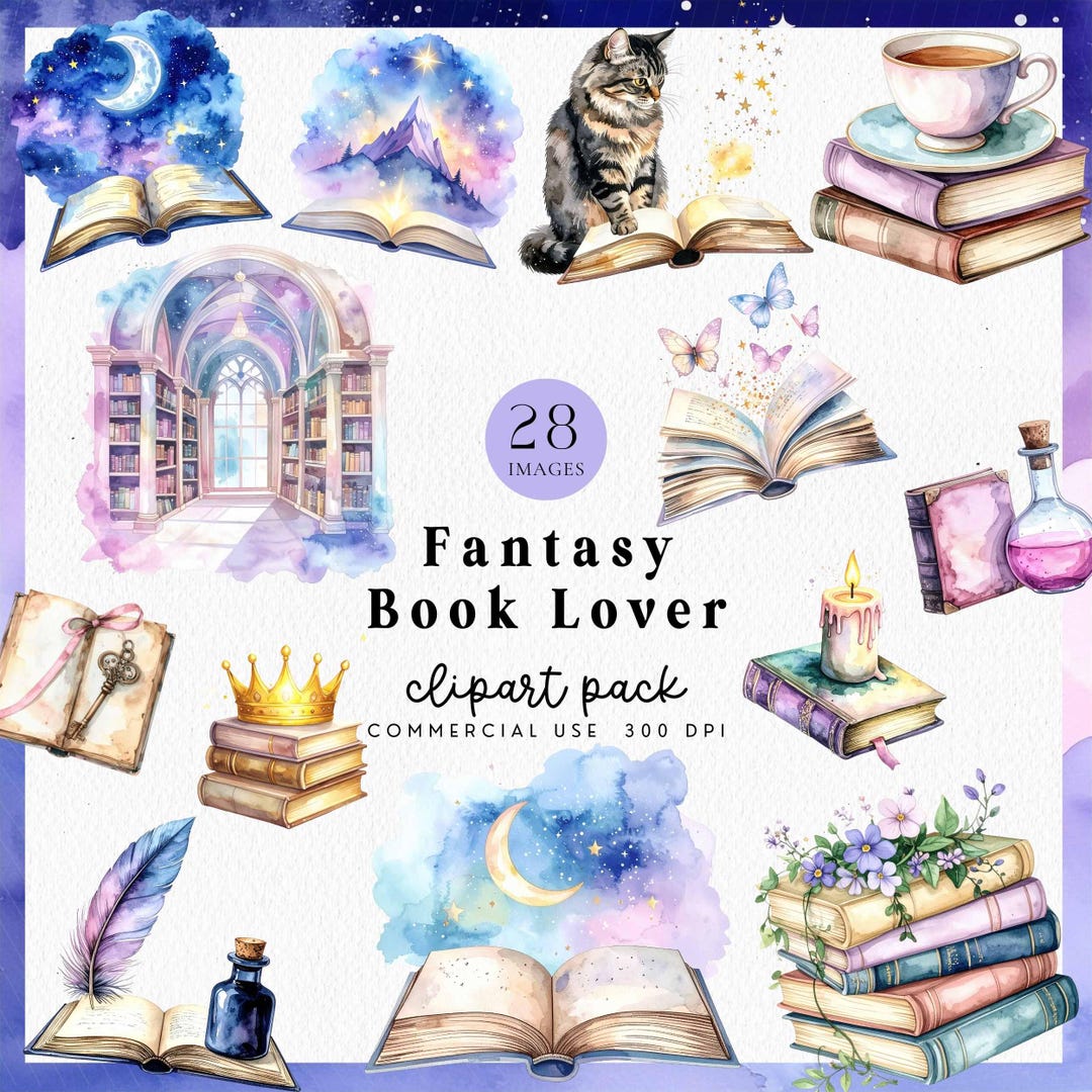 Fantasy Book Lover Clipart PNG, Watercolor Clipart, Book Club Clipart ...