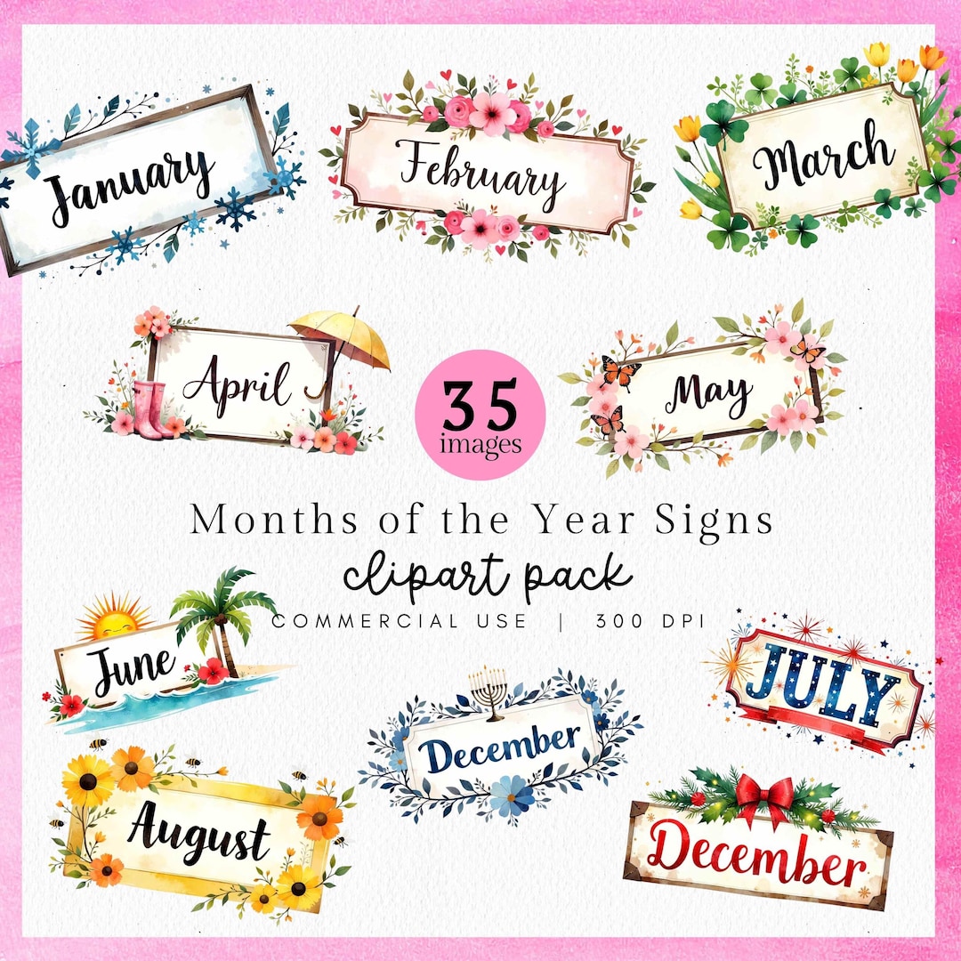 Months of the Year Clipart - Watercolor Month Name Graphics - Seasonal ...