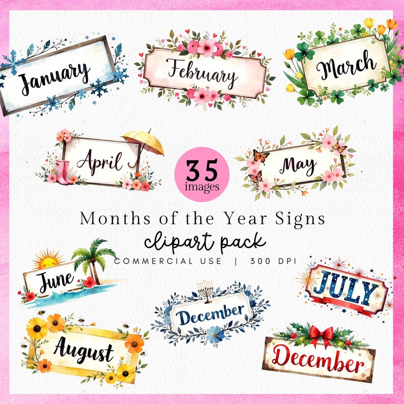 Months of the Year Clipart - Watercolor Month Name Graphics - Seasonal ...