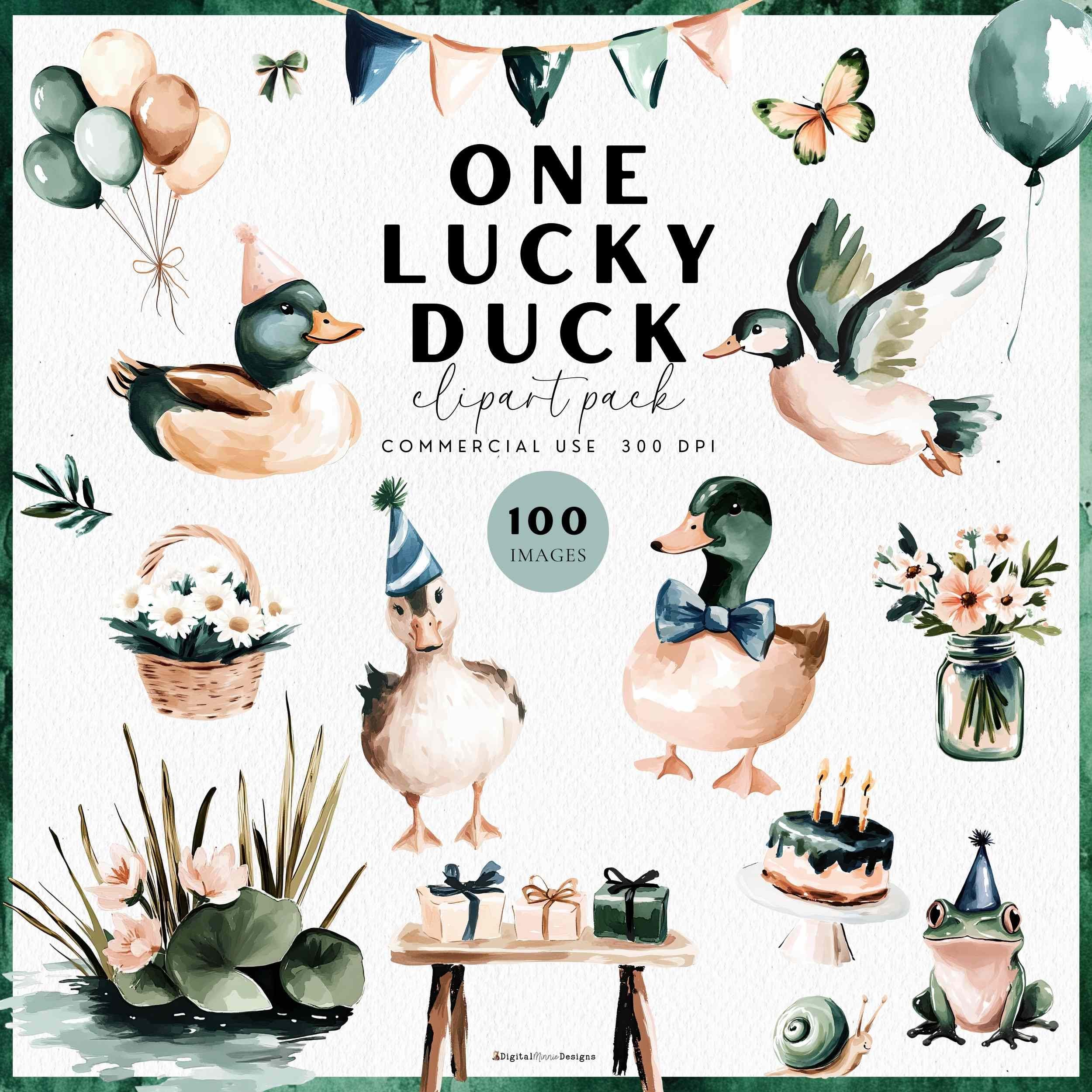 One Lucky Duck Clipart for First Birthday, Watercolor Mallard Ducks ...