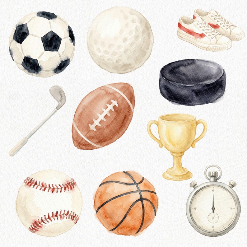 Watercolor Sports Clipart, Kids Sports Team Graphics, Basketball Soccer ...
