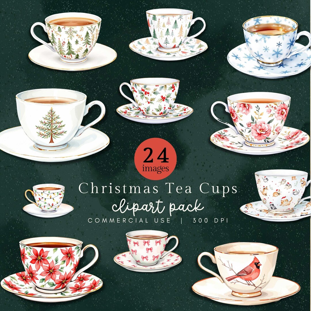 Christmas Tea Cup Clipart, Watercolor Digital Download, Festive PNG ...