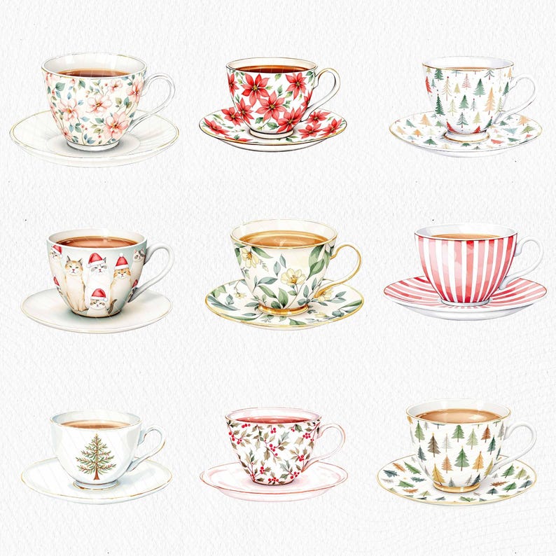 Christmas Tea Cup Clipart, Watercolor Christmas Mugs, Cute Holiday Tea ...