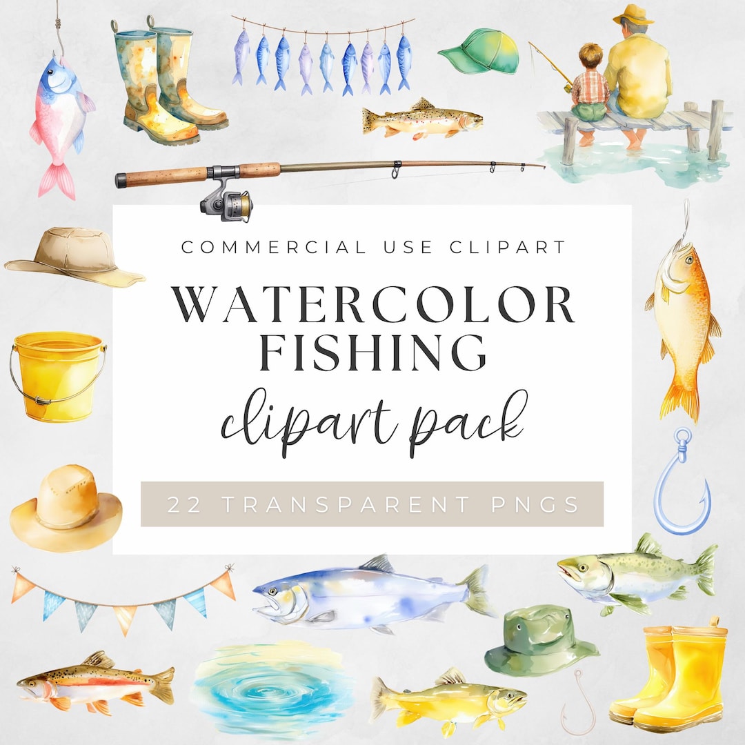 Watercolor Fishing Clipart, Fishing PNG, Fishing Supplies Clipart ...