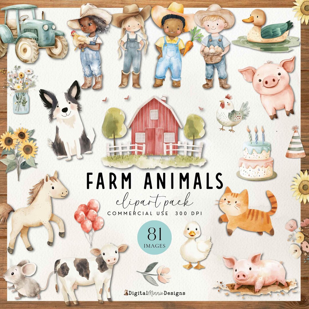Cute Farm Animals Clipart, Watercolor Farmers Clipart, Nursery Farm ...