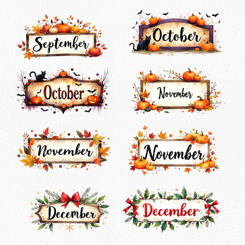 Months of the Year Clipart - Watercolor Month Name Graphics - Seasonal ...