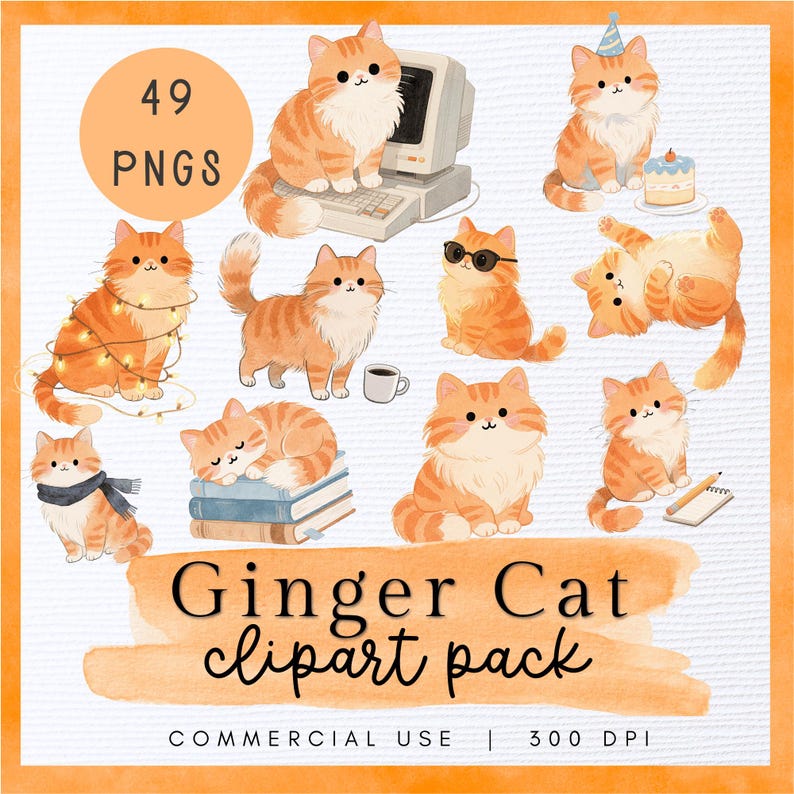 Orange Cat Clipart | Cute Ginger Cat PNG, Digital Download for Crafts ...
