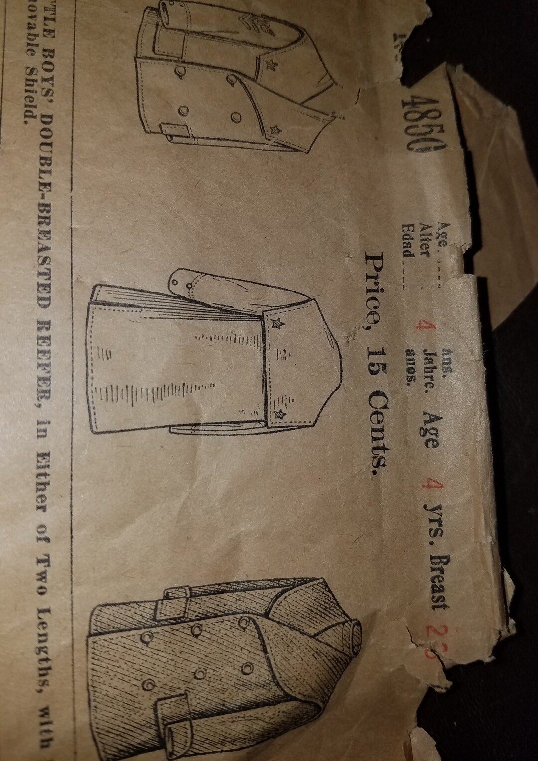 Antique Vintage Sewing Pattern Size 3 Yrs Jacket Coat Little Boys ...