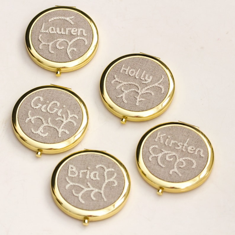 Monogrammed Compact mirror hand embroidered wedding favor | Etsy
