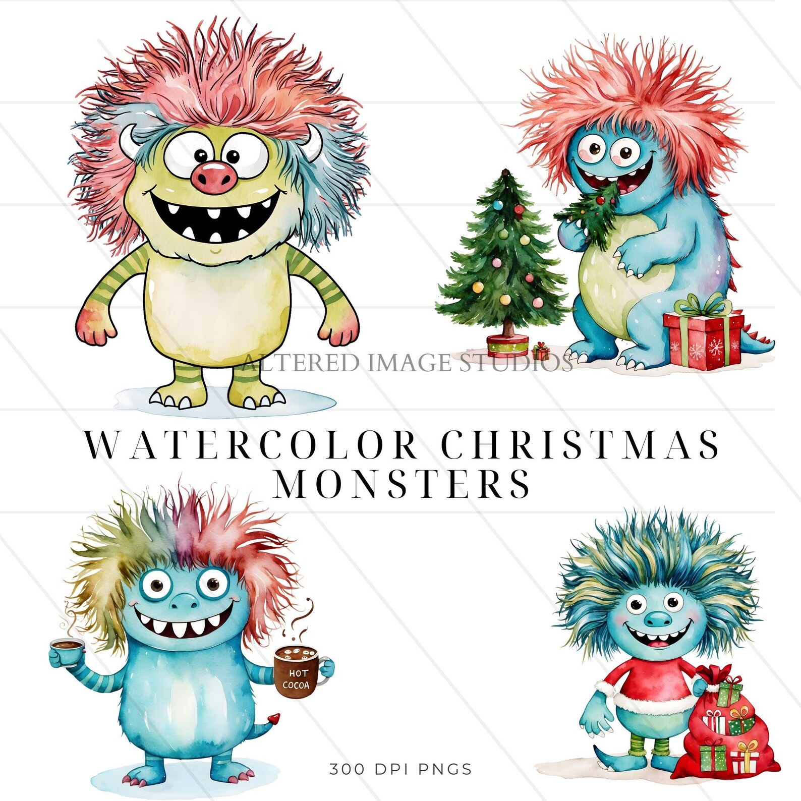 Watercolor Cute Christmas Monster PNG Set | Holiday Monster Clipart ...