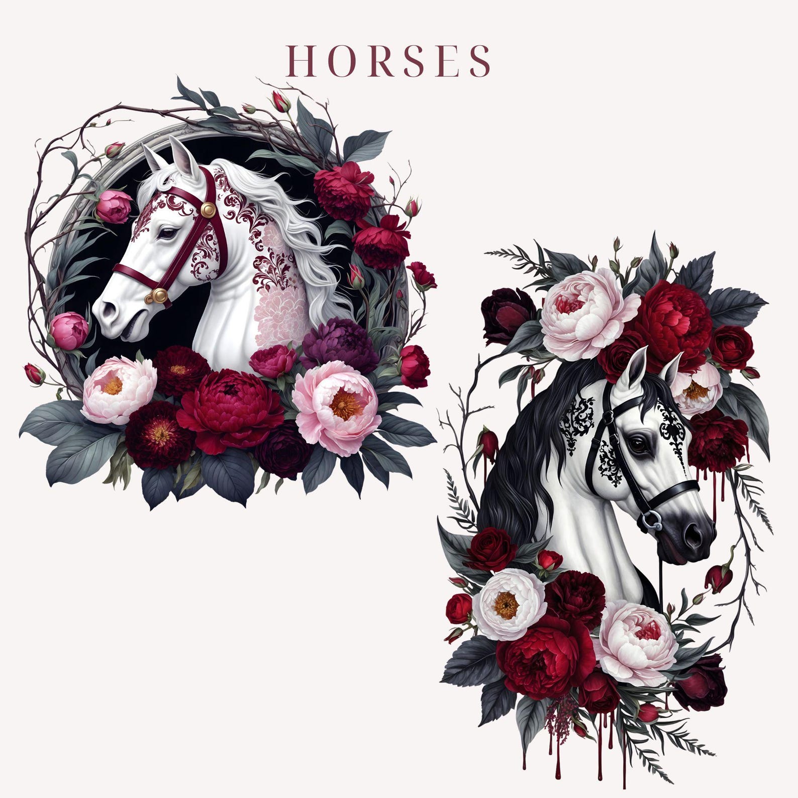 Gothic Peony, Watercolour PNG, Horse Clipart, Dark Art Clipart, Gothic ...
