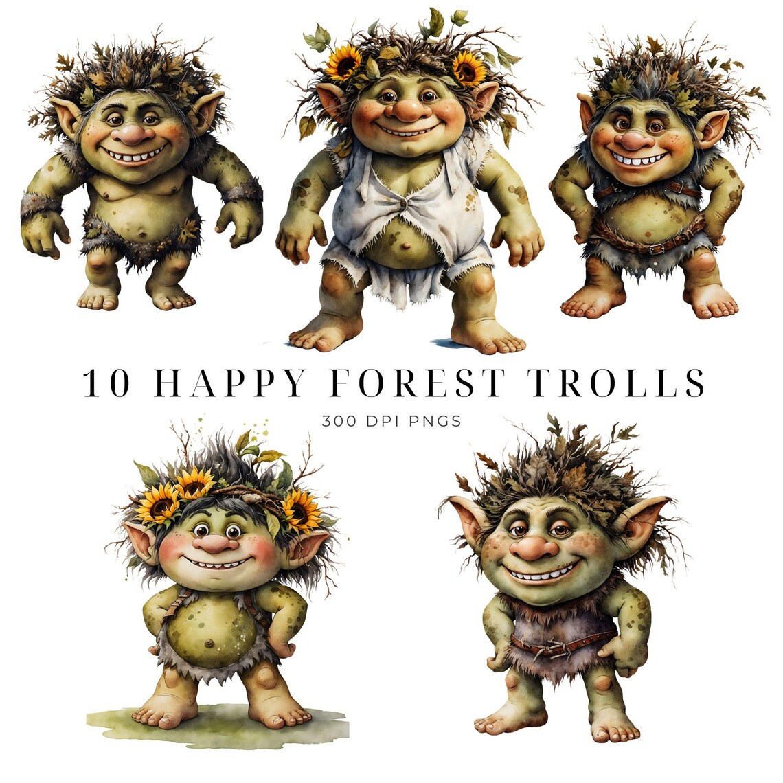 Happy Forest Troll With Sunflower Clipart | Watercolor PNG | High ...