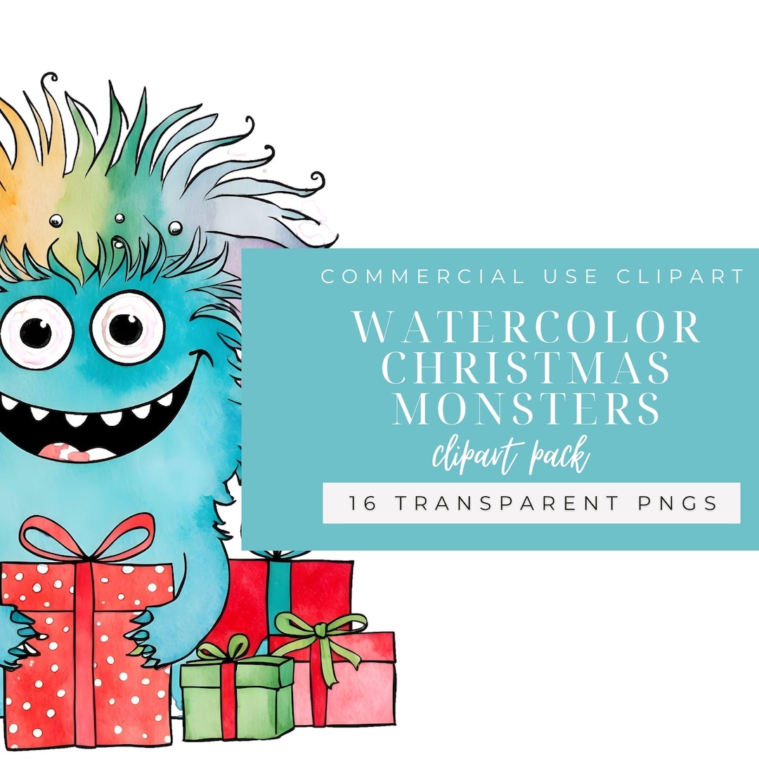 Watercolor Cute Christmas Monster PNG Set | Holiday Monster Clipart ...