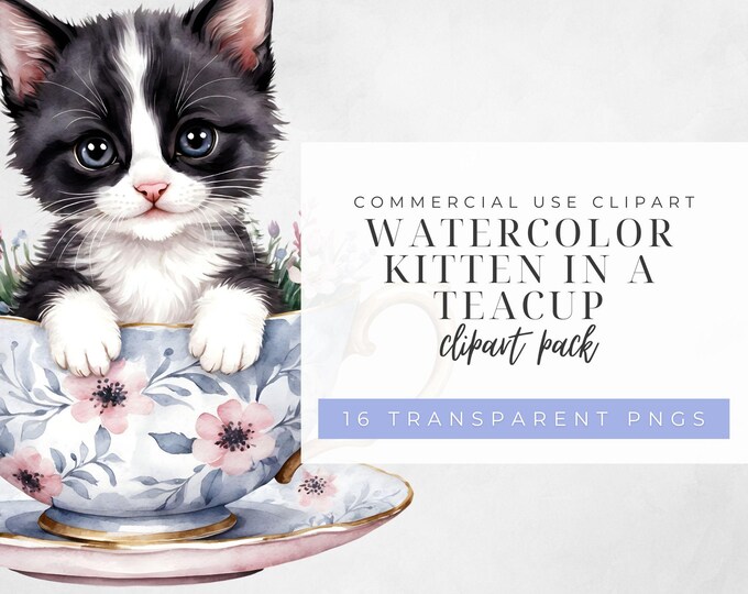 Kitten in Teacup Clipart PNG, Cute Cat Watercolor Art, Floral Teacup ...