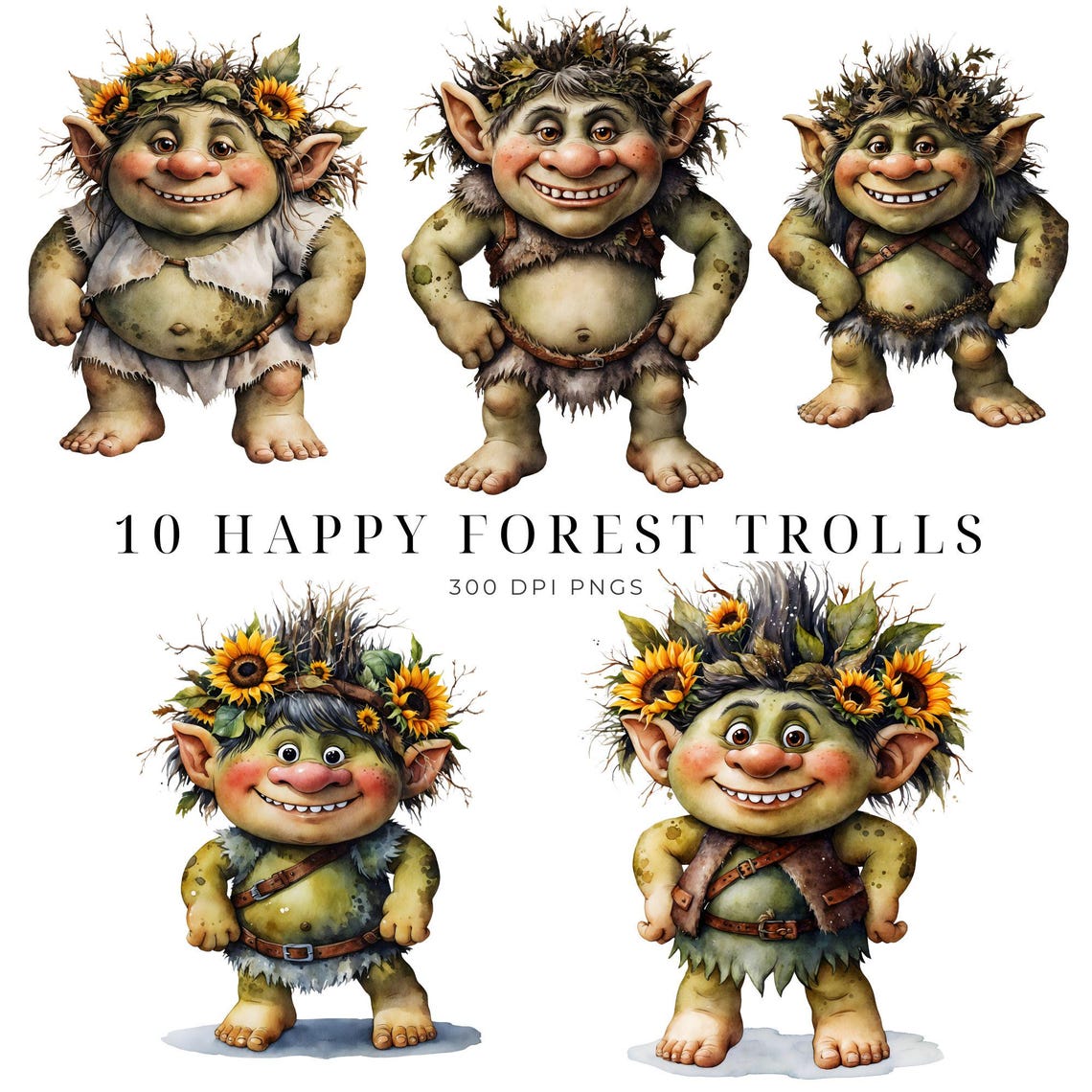 Happy Forest Troll With Sunflower Clipart | Watercolor PNG | High ...