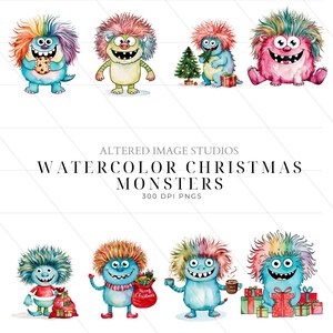 Watercolor Cute Christmas Monster PNG Set | Holiday Monster Clipart ...