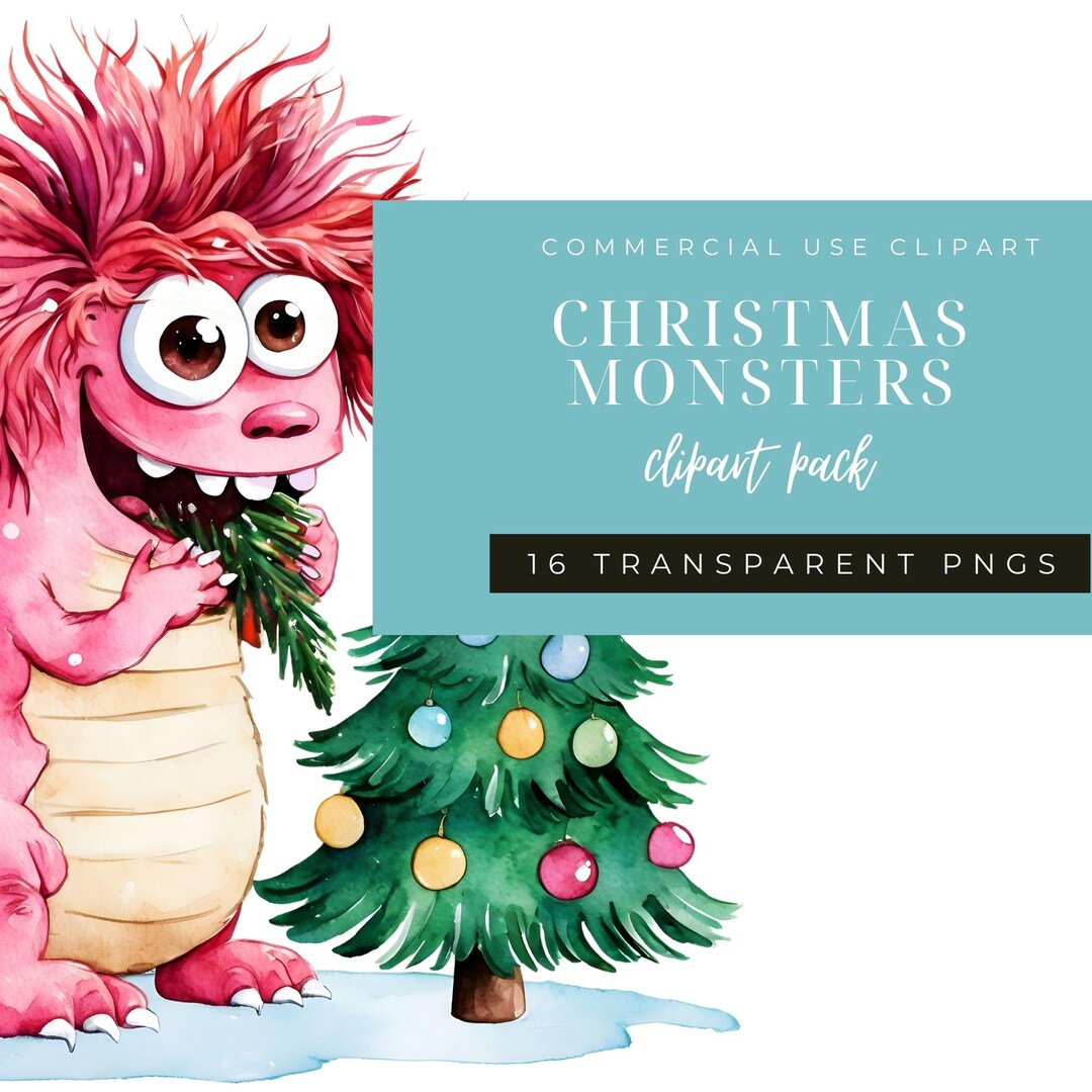 Watercolor Cute Christmas Monster PNG Set Two| Holiday Monster Clipart ...
