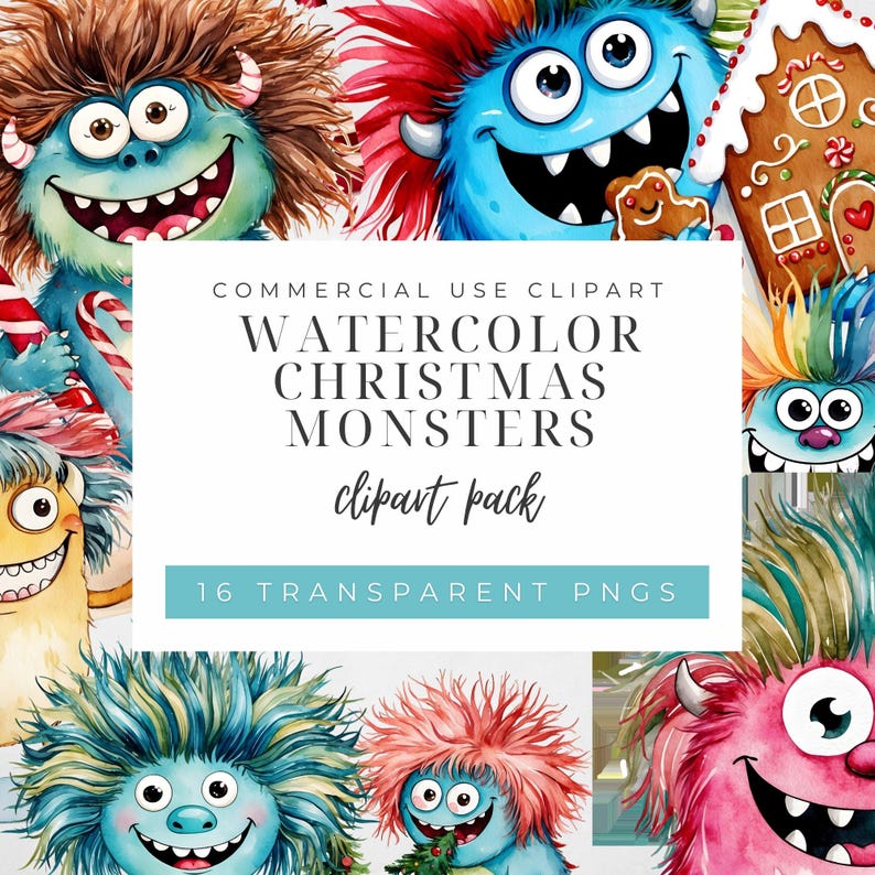 Watercolor Cute Christmas Monster PNG Set | Holiday Monster Clipart ...