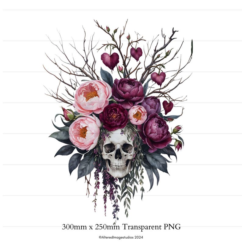 Single Watercolour Floral Gothic Skulls, PNG Clipart, Gothic Hearts and ...