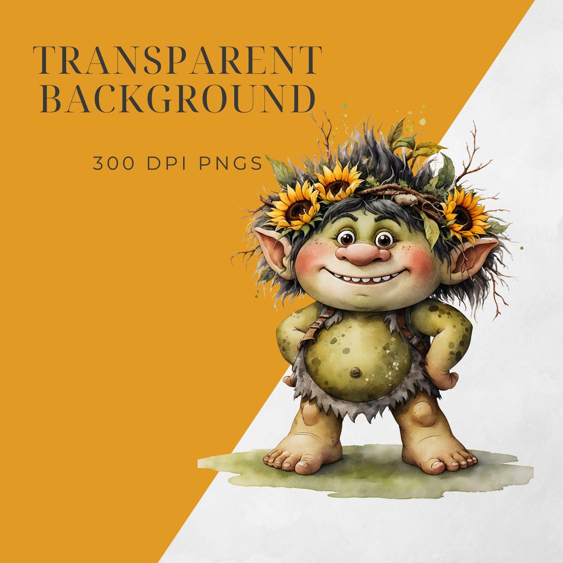 Happy Forest Troll With Sunflower Clipart | Watercolor PNG | High ...