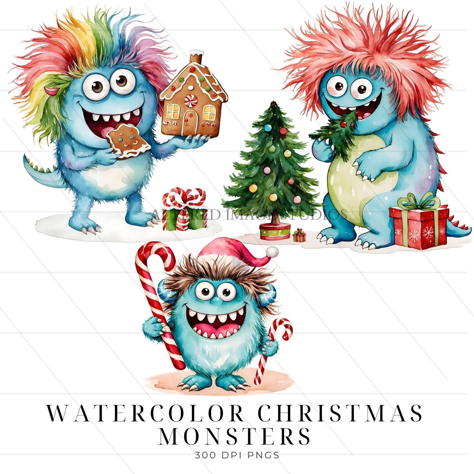 Watercolor Cute Christmas Monster PNG Set | Holiday Monster Clipart ...