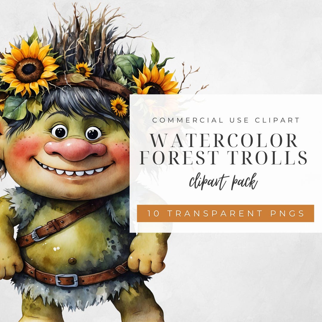 Happy Forest Troll With Sunflower Clipart | Watercolor PNG | High ...