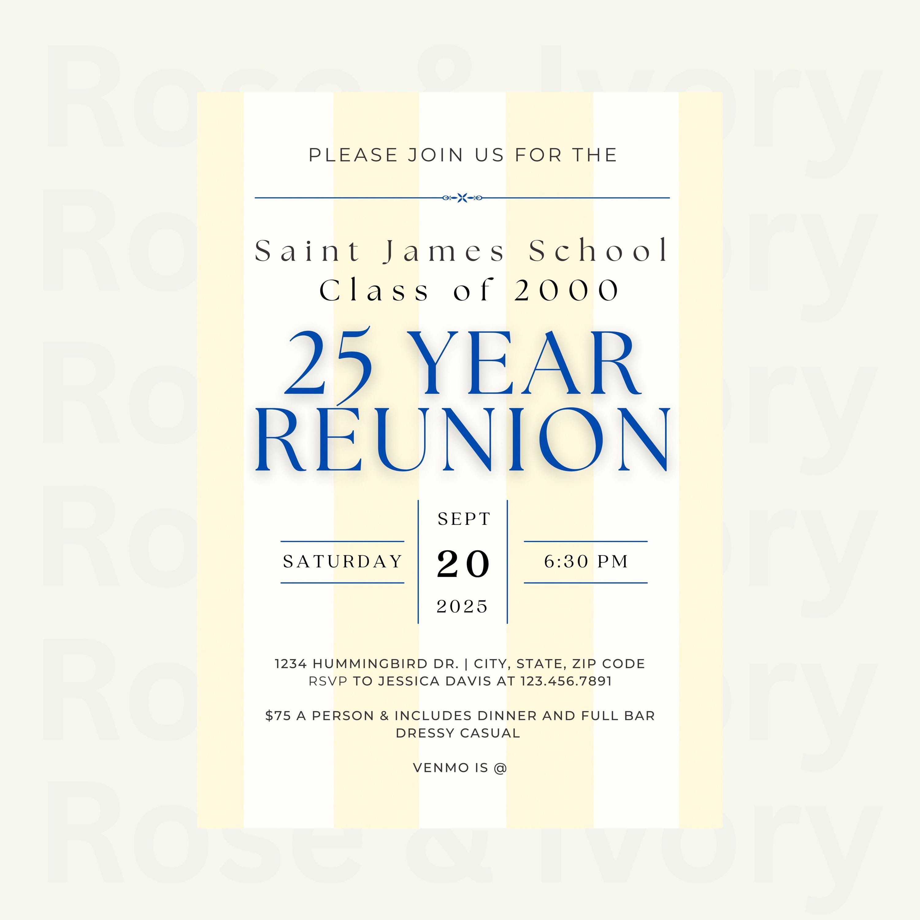 School Reunion Invitation: Gold, Yellow & Navy Stripes (digital ...