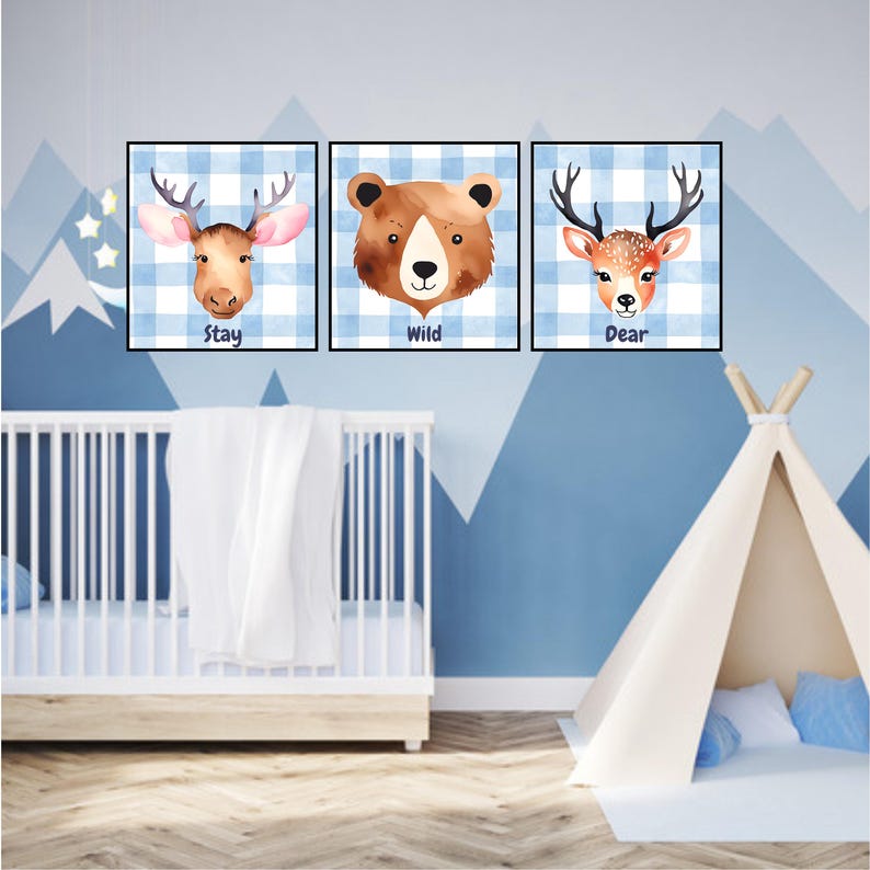 Stay Wild Dear Forest Animal Wall Art | 20x20 Set of 3 | Buffalo Plaid Nursery | Digital ...
