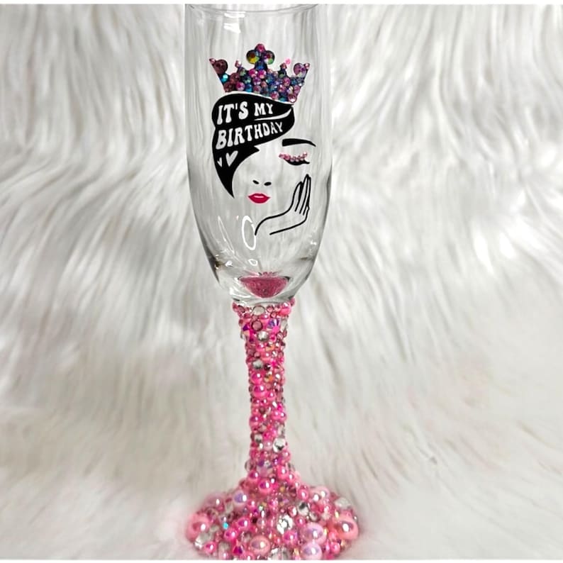 It’s My Birthday Champagne Glass W/ Pearls & Rhinestones, Many Pearl ...