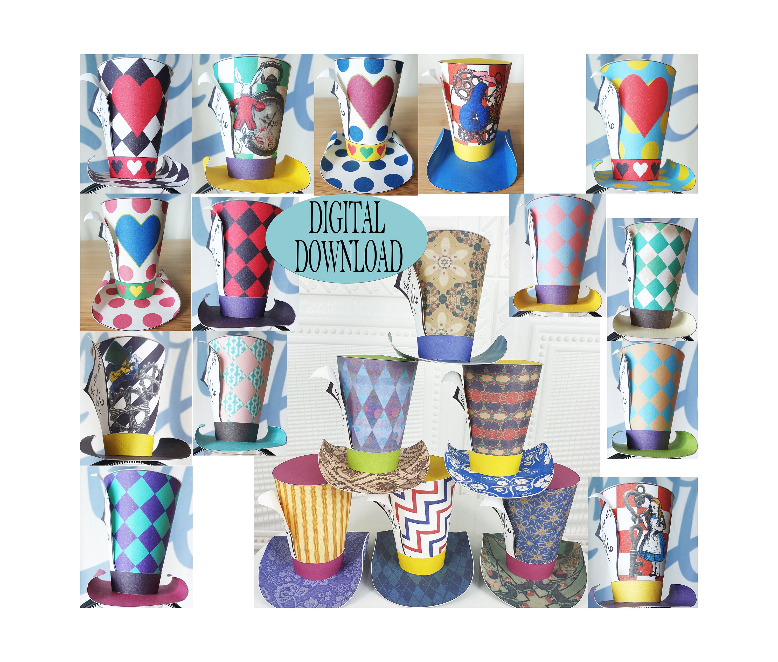 Paper & Party Supplies 20 Mad Hatter Hats Printable Mini Top Pattern ...