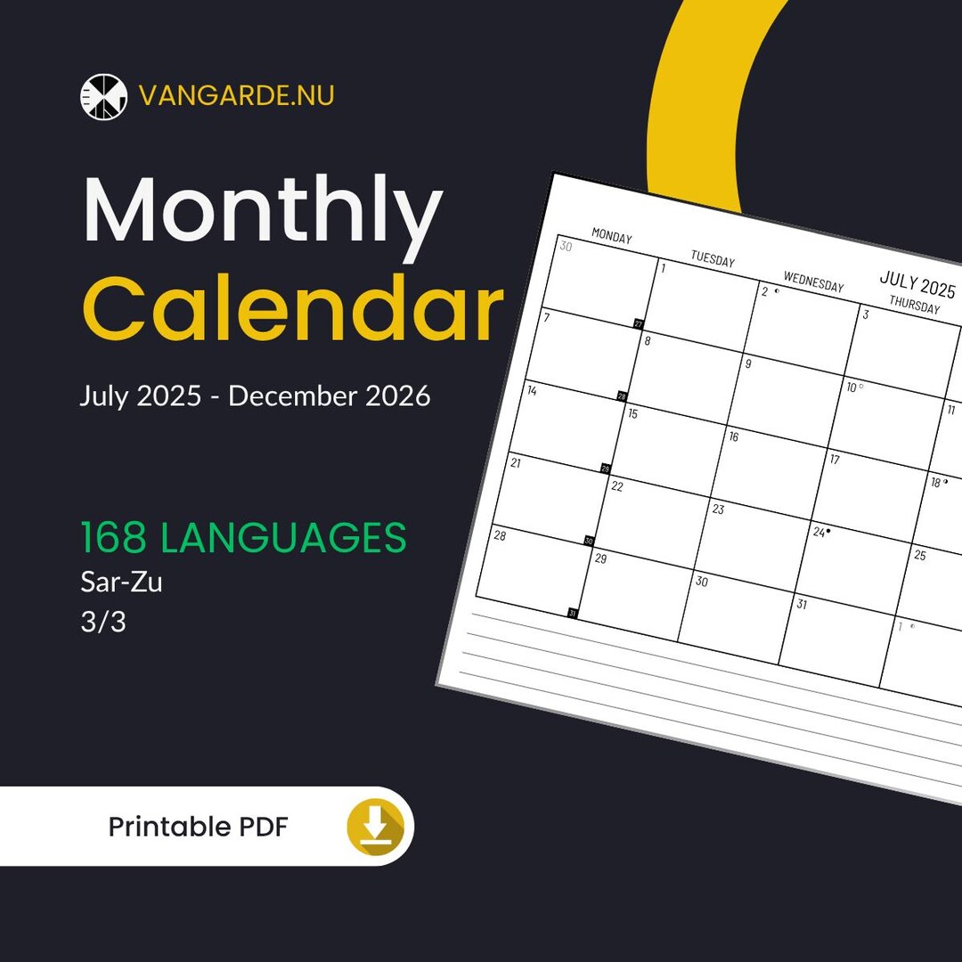 2025-2026 168 Languages Part 3 (sar-zu) Monthly Calendar W/ Notes, PDF ...