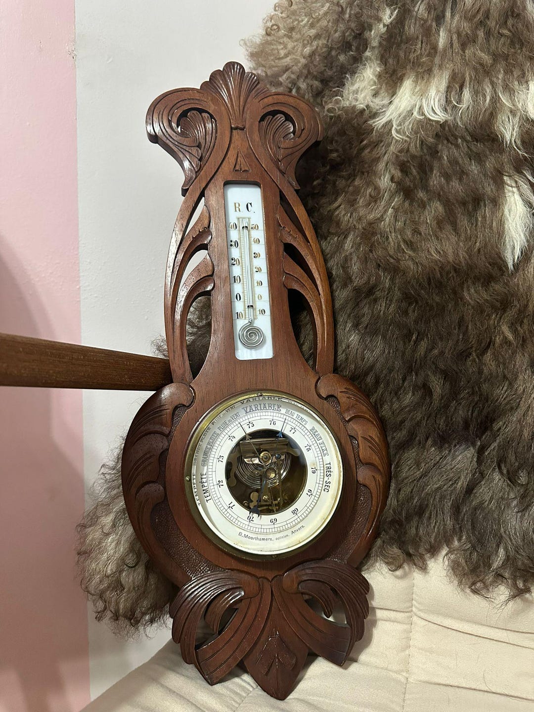 Antique Wall Barometer & Thermometer | Hand-carved Wood | B ...