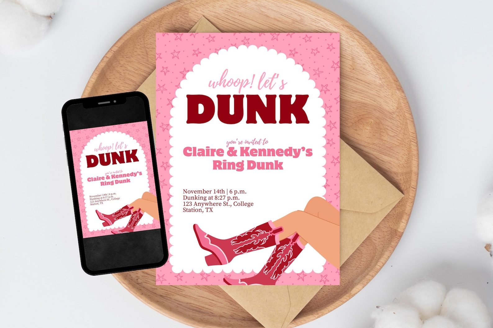 Texas A&M Ring Dunk Invitation | Pink Cowgirl Boots Theme | Editable ...