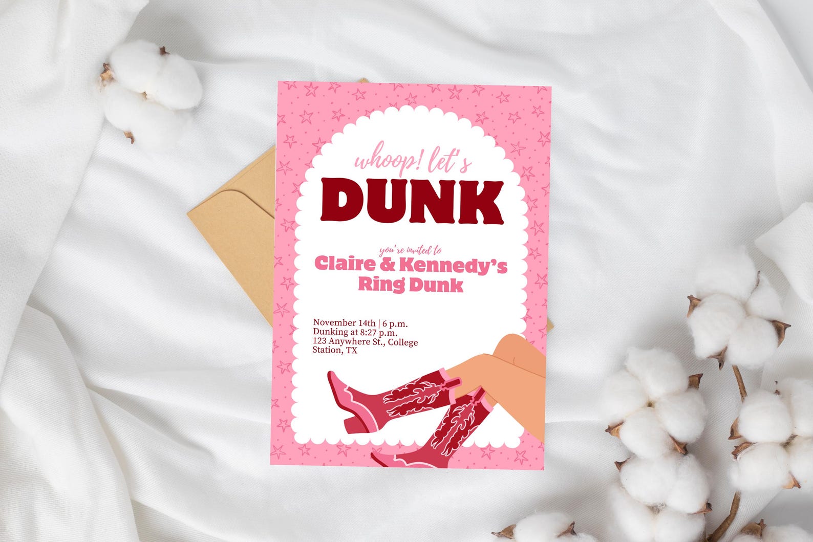 Texas A&M Ring Dunk Invitation | Pink Cowgirl Boots Theme | Editable ...