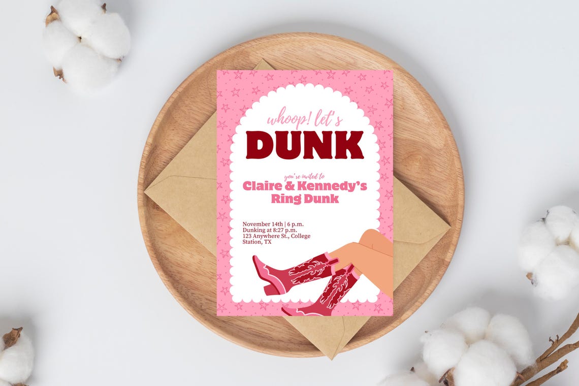 Texas A&M Ring Dunk Invitation | Pink Cowgirl Boots Theme | Editable ...
