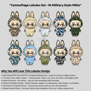 Camouflage Labubu | 10 Camo Style La Bubu | Kawaii Clipart Set ...