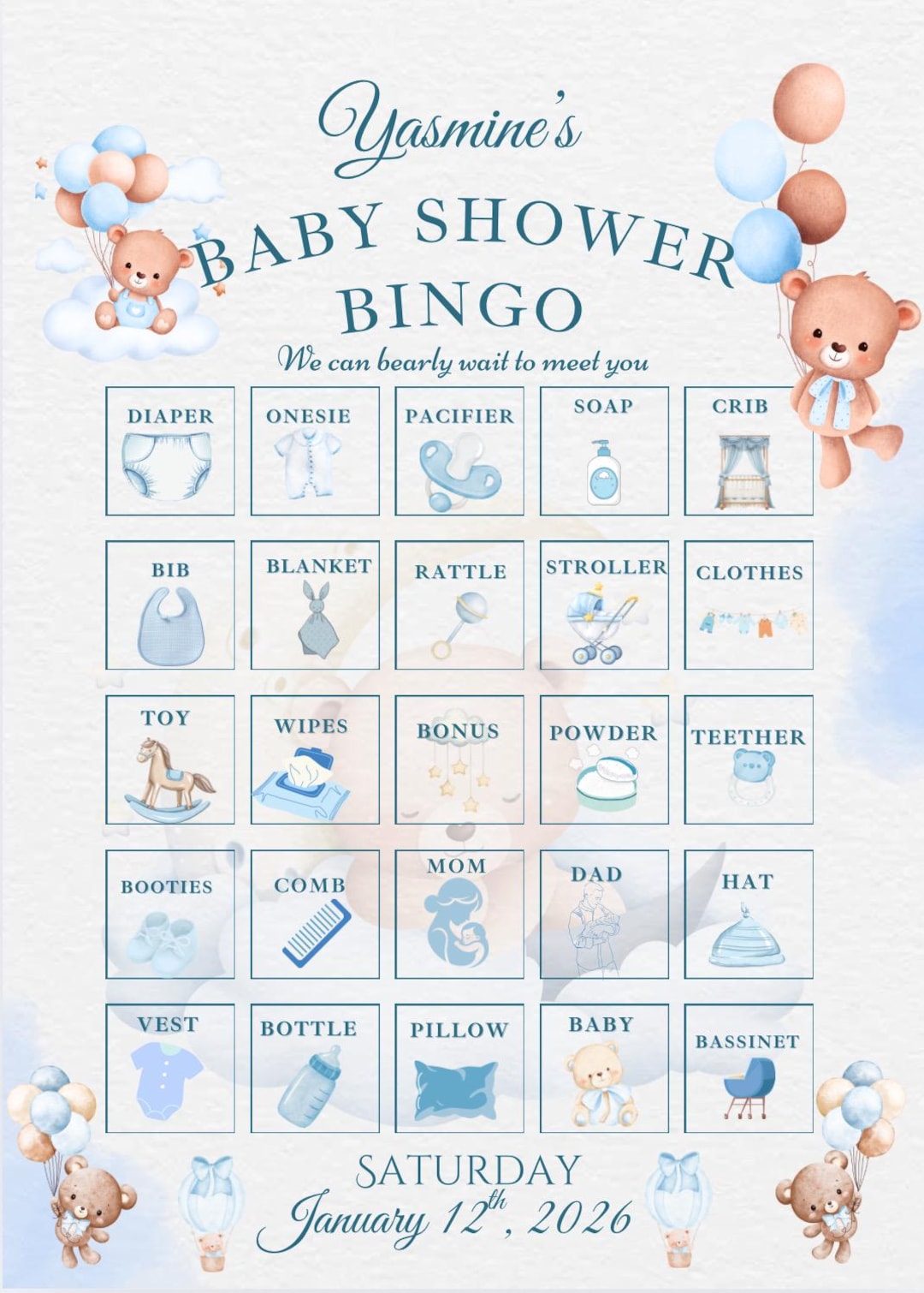 Editable Teddy Bear Baby Shower Printable Bingo Card – Instant Download ...