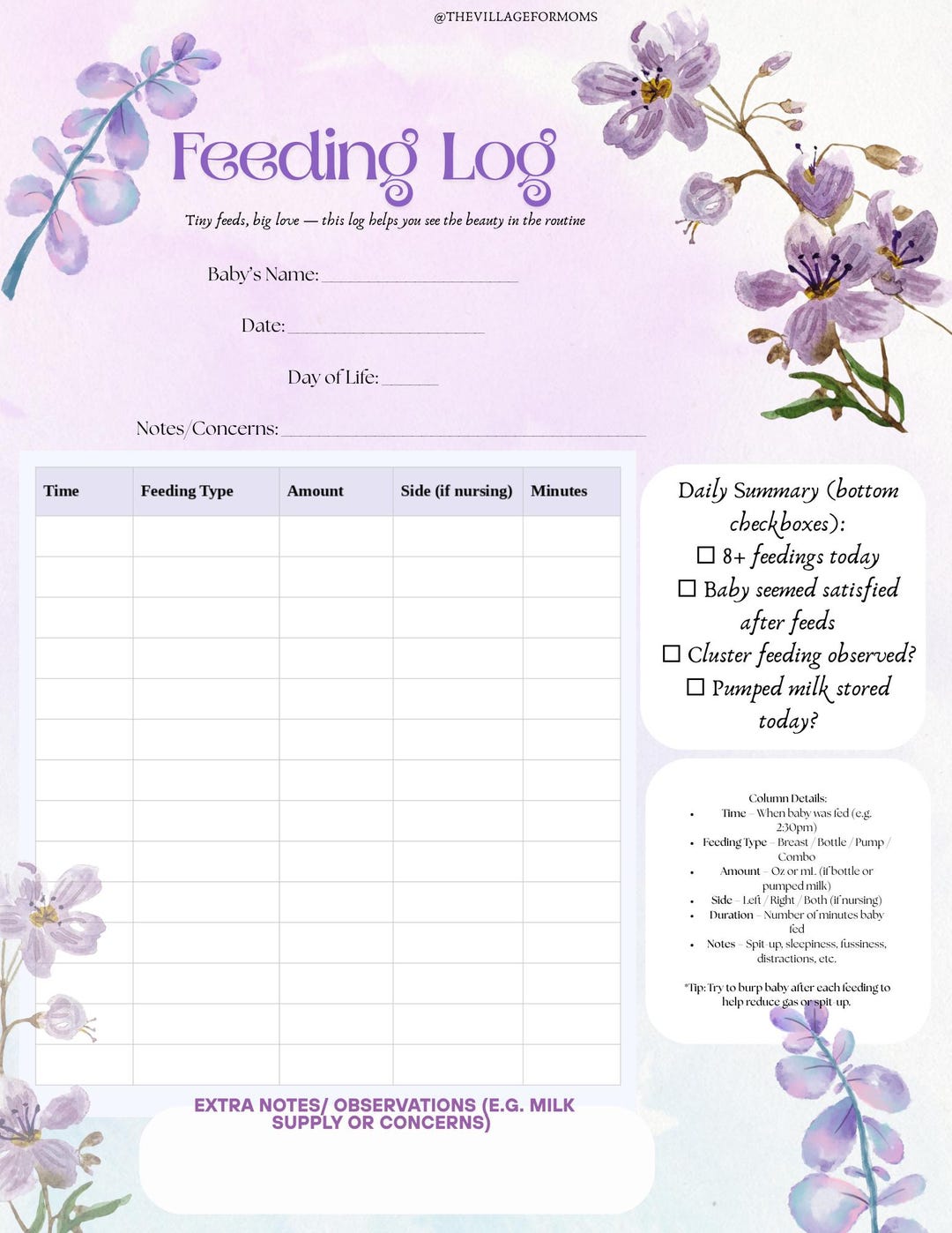 Feeding Log Printable | Newborn Breastfeeding & Bottle Tracker | Daily ...